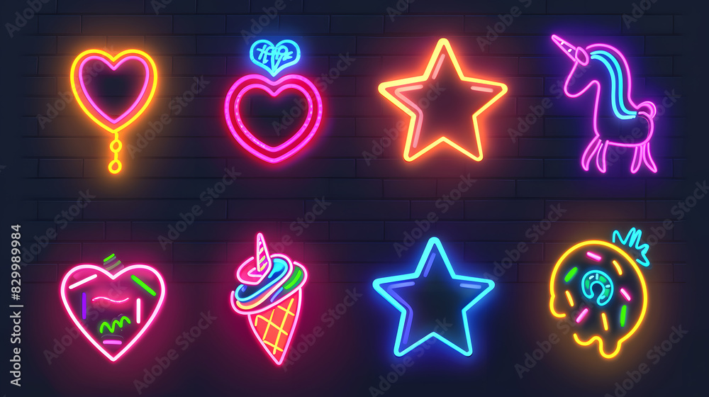 Pop art icons set. Pop art neon sign. Bright signboard, light banner ...