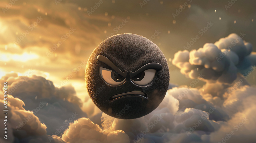 3D charcoal black emoji showing an angry scowl, set on a stormy cloud ...
