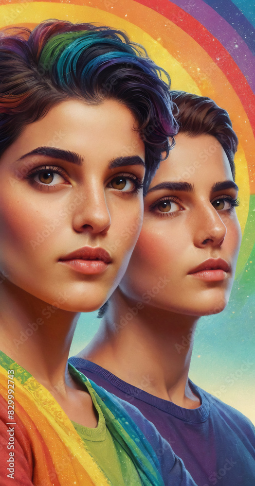 LGBTQ couple illustration banner, rainbow color artwork, creative ...