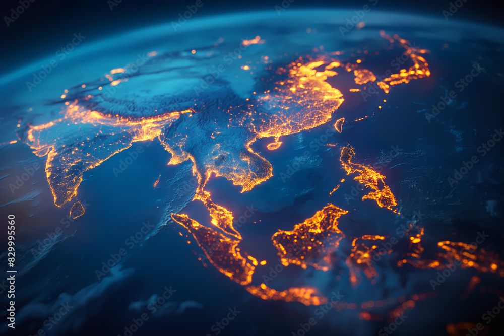 Satellite view of Earth globe from space, city lights by night, Asia ...