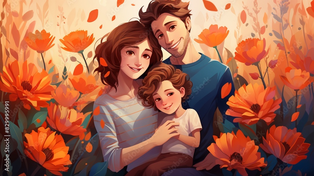 Adorable family portrait with bright flowers, illustration, vibrant ...