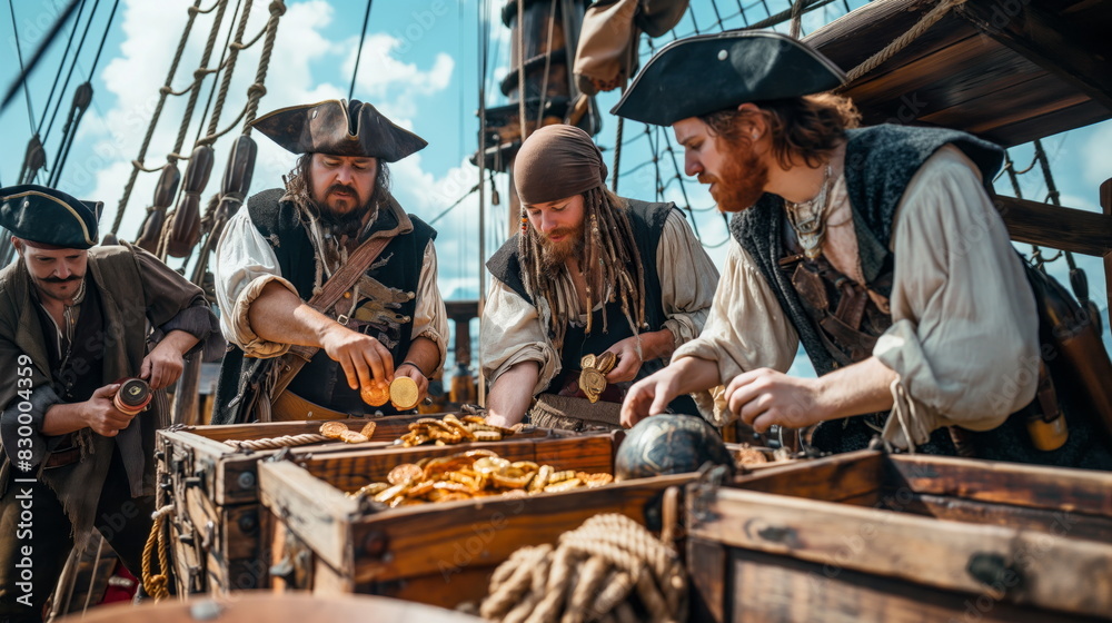 pirate crew counting their plundered treasure on the deck of their ship ...