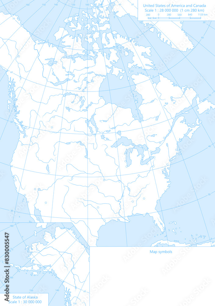 Map of the USA and Canada for geography lessons. Map with meridians to ...