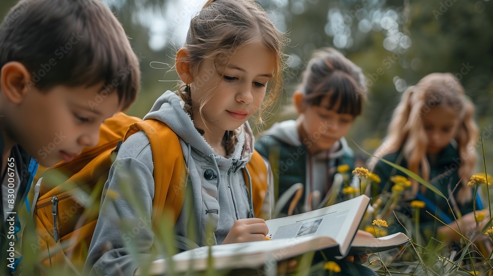 School children exploring nature and taking notes during outdoor ...