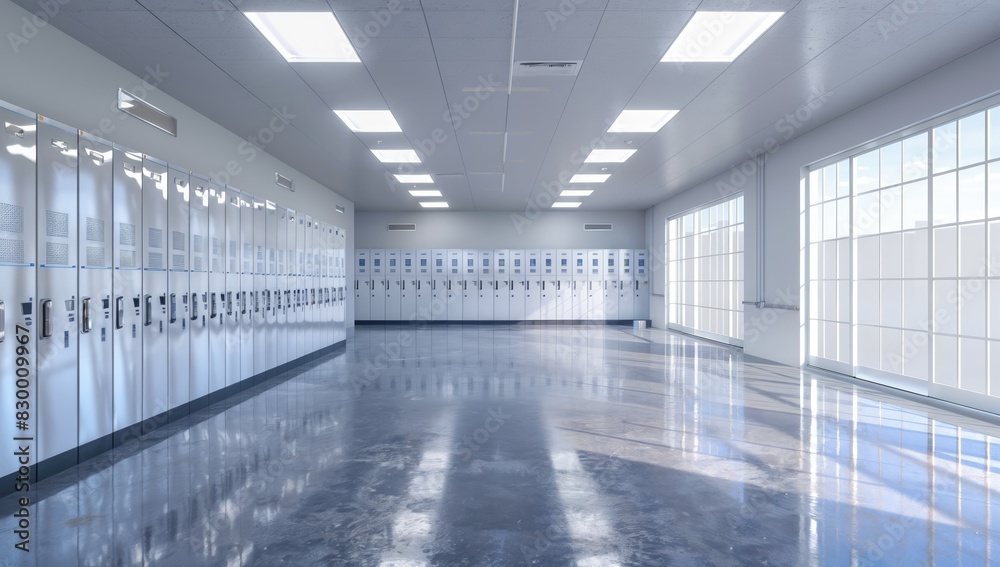 Side view of empty, pristine locker room with rows of lockers Stock ...