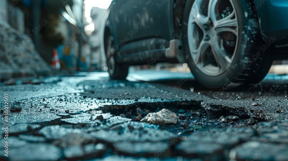 car wheels running and closed up Very bad quality street with potholes ...