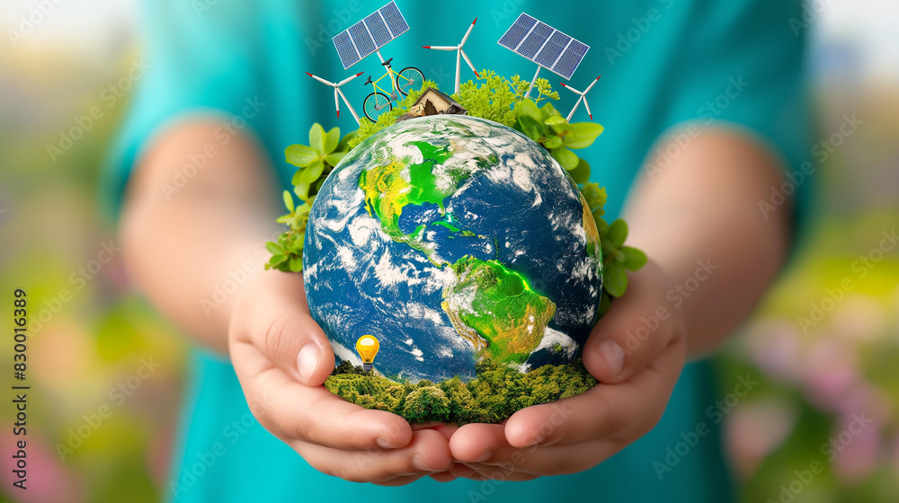Child hands cradling a globe with green foliage and solar panels ...