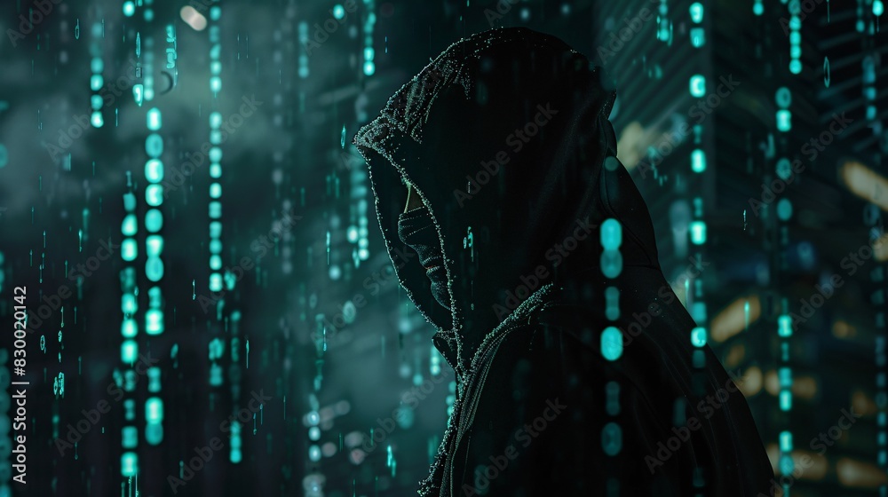 Masked hacker in a dark room surrounded by digital code, representing ...