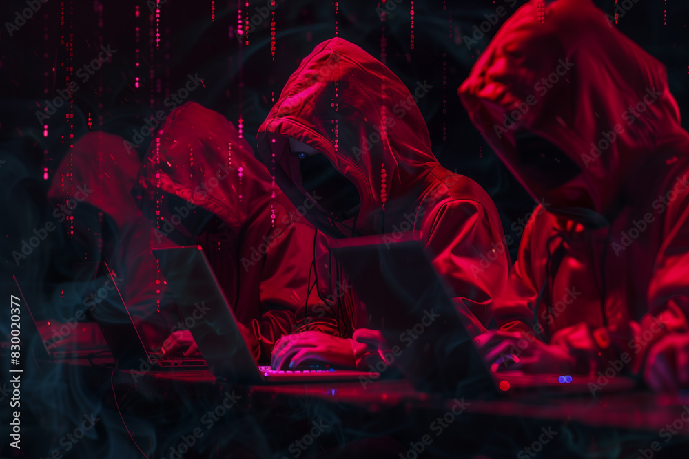 Hooded figures in red hoods using laptops, surrounded by code and data ...