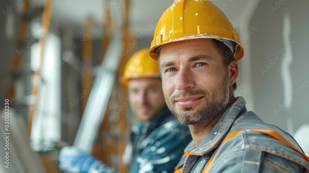 Two construction workers wearing helmets and safety gear, smiling and ...