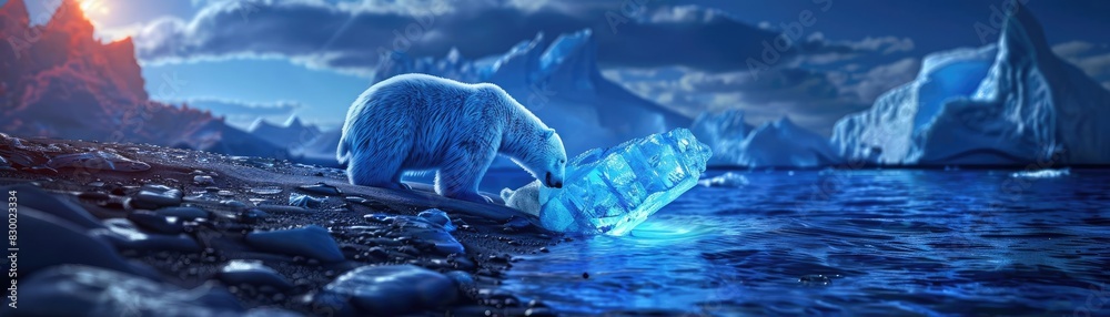 Polar bear interacting with a glowing object by icy shore under a ...