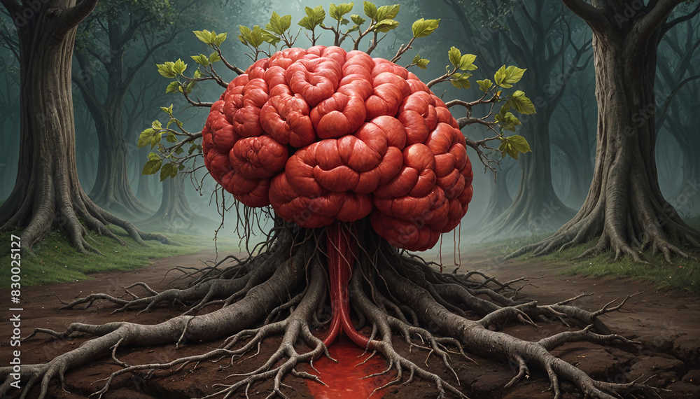 Surreal image of a large red human brain growing like a tree, with ...