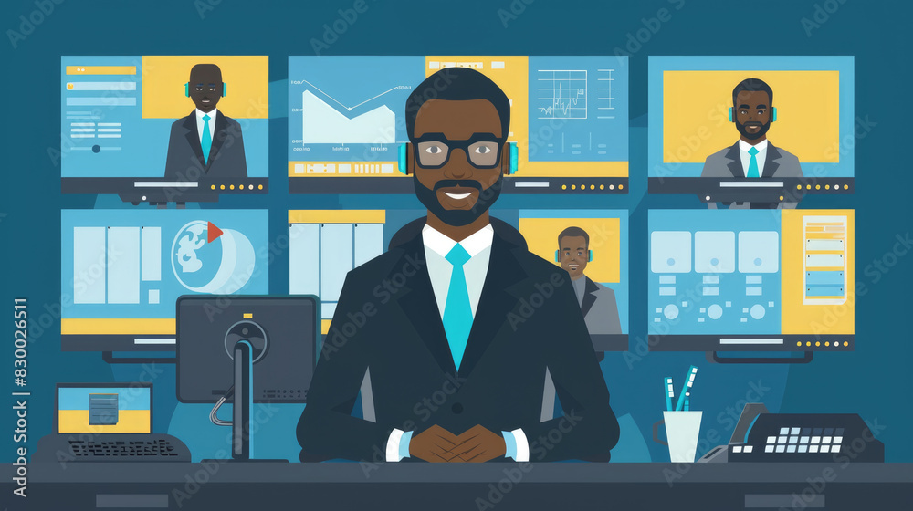 A businessman in a suit and tie sits at a desk hosting a virtual ...