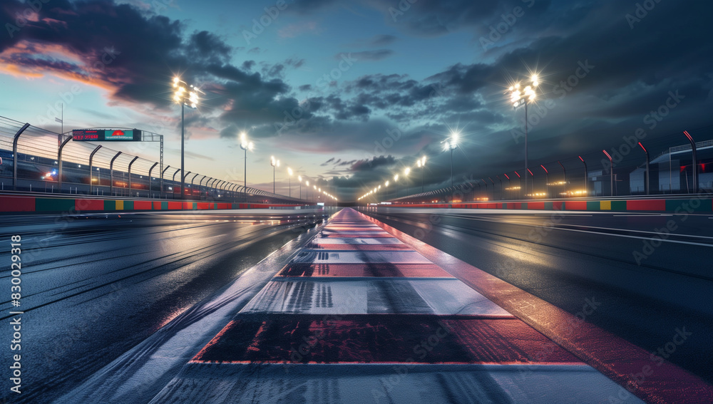 Racing car track with a finish line and stands in the background, night ...