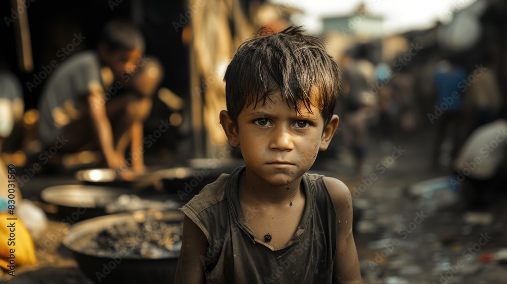 sad homeless boy with black eyes against the backdrop of a poor quarter ...