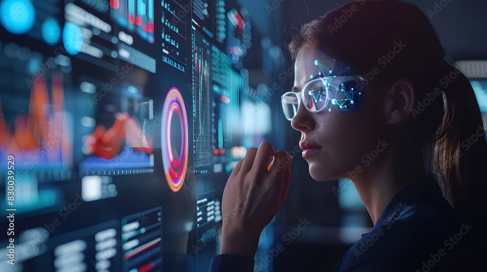 Big data analytics with AI technology. Data analyst analyzing and ...