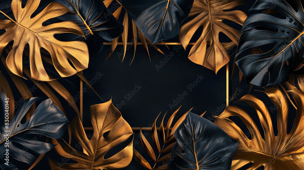 Black and gold tropical leaves, luxury background design with frame ...