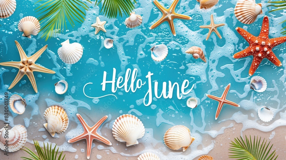 Beach-themed "Hello June" poster featuring starfish, seashells, and ...