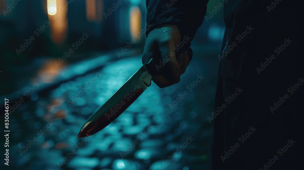 Evil Man hold knife wants to kill. Scary serial killer with blade. True ...