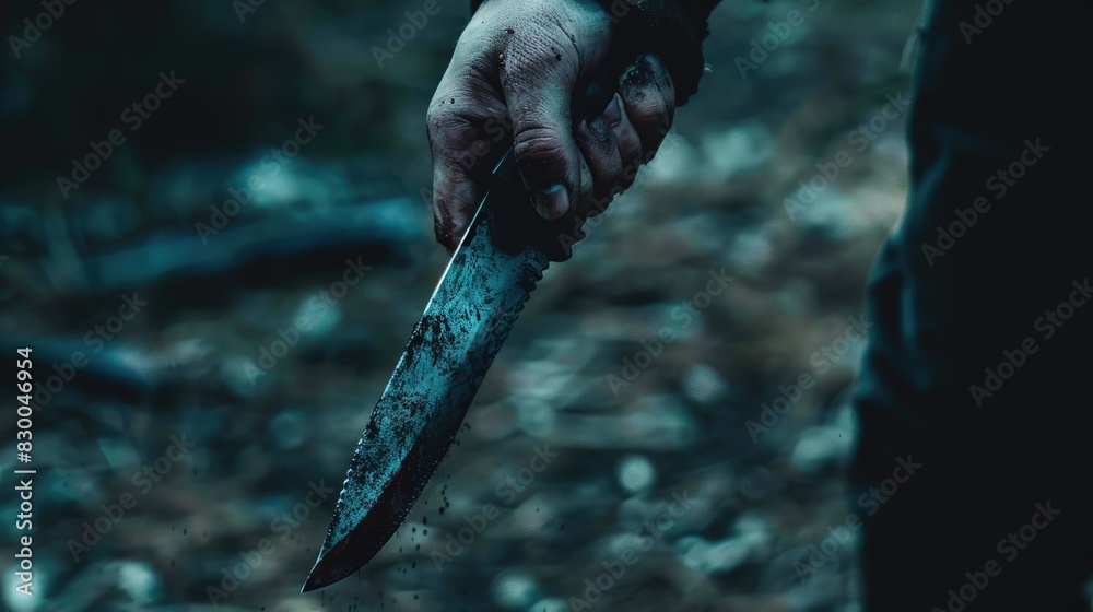 Evil Man hold knife wants to kill. Scary serial killer with blade. True ...