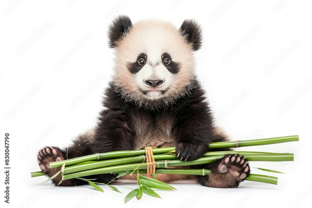 Adorable baby panda sitting with bamboo isolated on white background ...