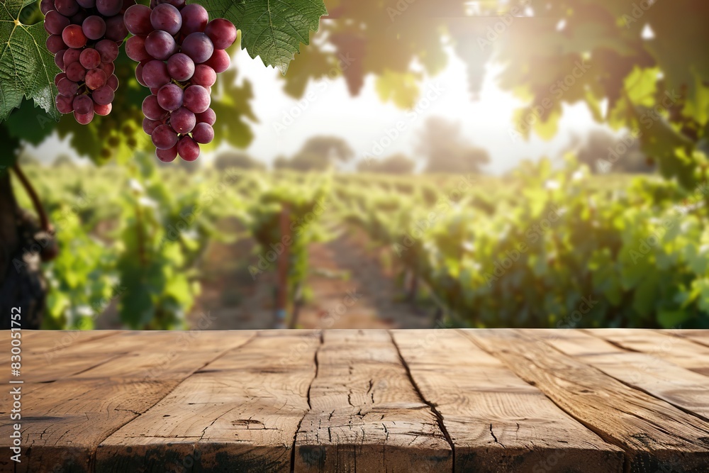 Empty wooden table counter desk with blurred agricultural field ...