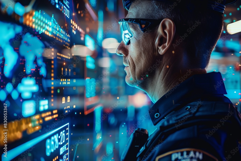 Futuristic Concept: Police officer with crime data analytics tools, in police station, incident ...