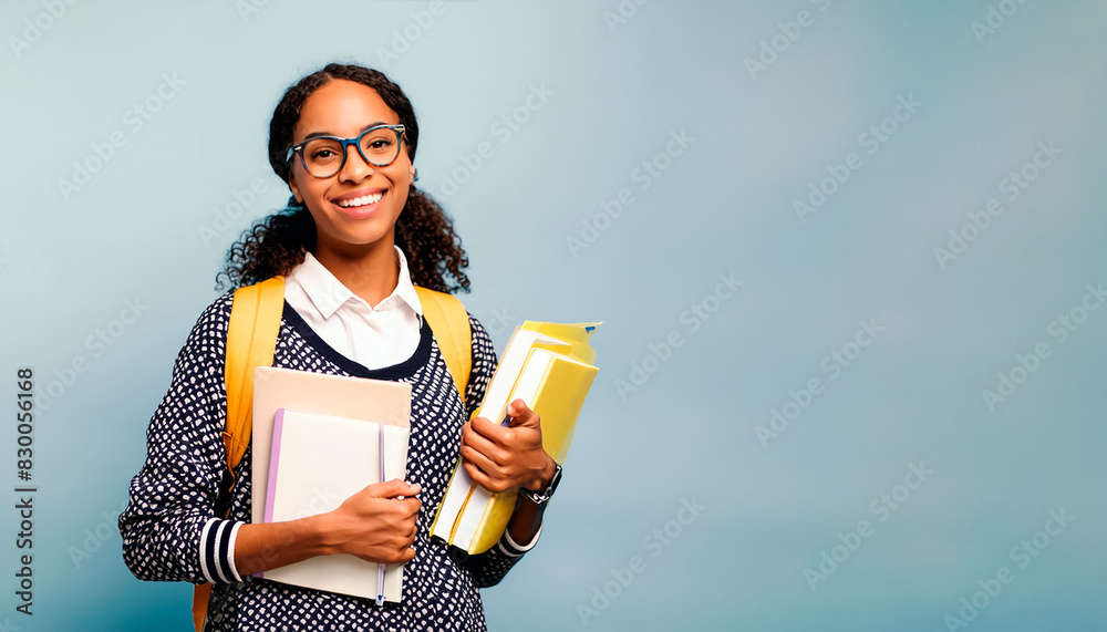 JOVEM ESTUDANTE SORRINDO SEGURANDO LIVROS E CADERNOS EM UM CONCEITO DE ...
