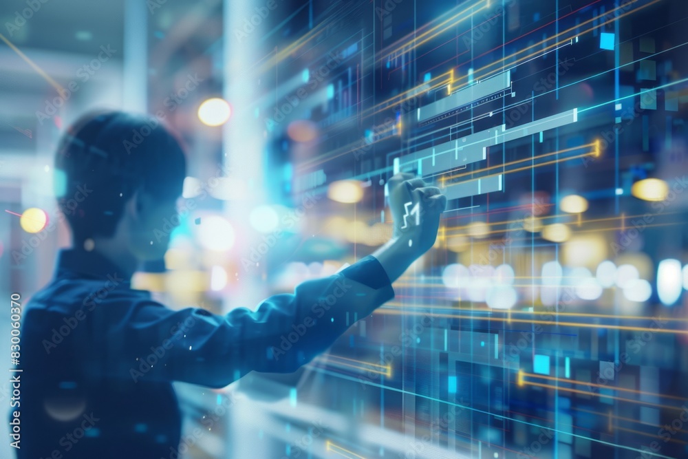 Project manager with project tracking holographic interface, on project ...