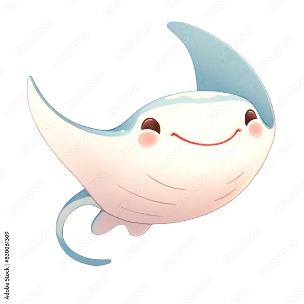 Cute illustrated stingray with a happy smile and blue fins, perfect for ...