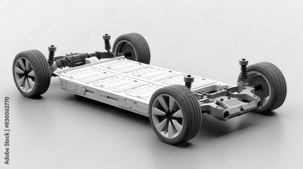 White 3D model of electric car chassis, detailed battery pack ...