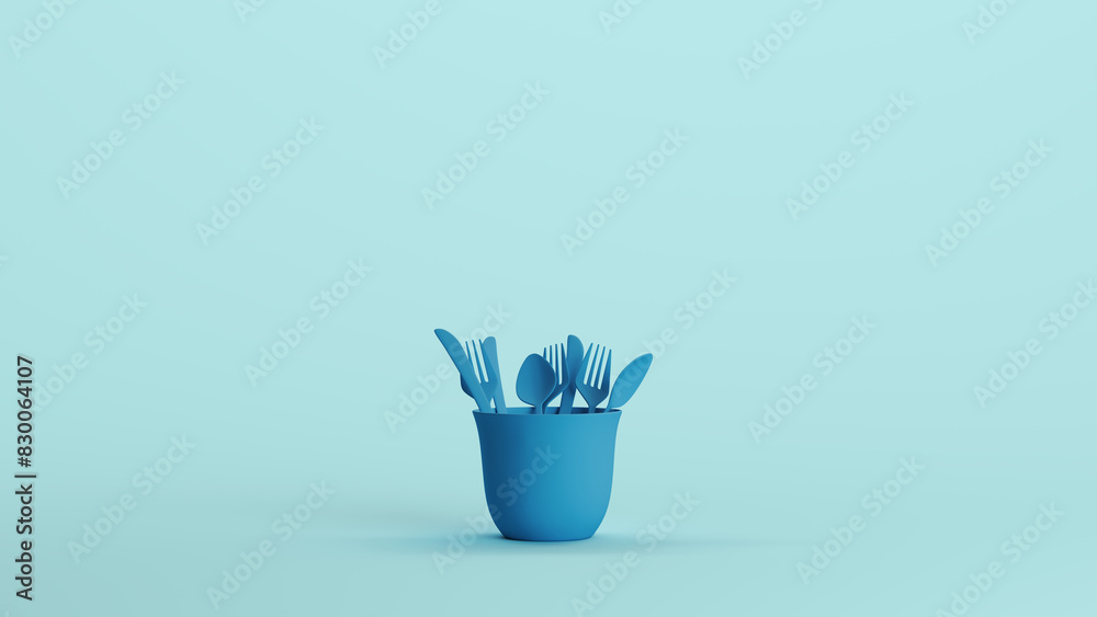 Blue kitchen utensils assorted handy set knife fork pale background 3d ...