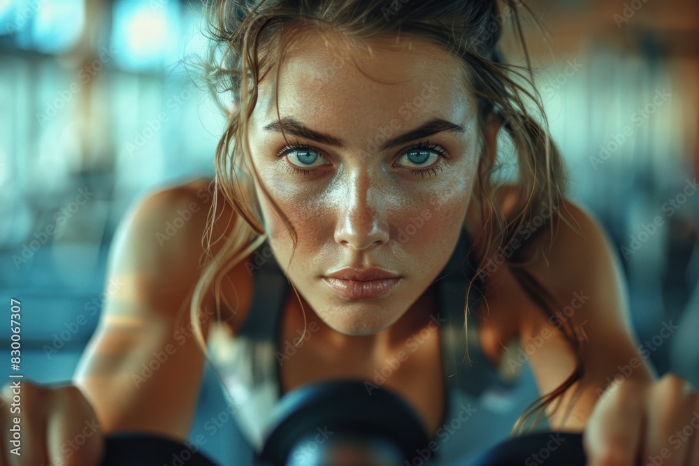 A close-up shot of a sport woman gripping the handlebars of an exercise ...