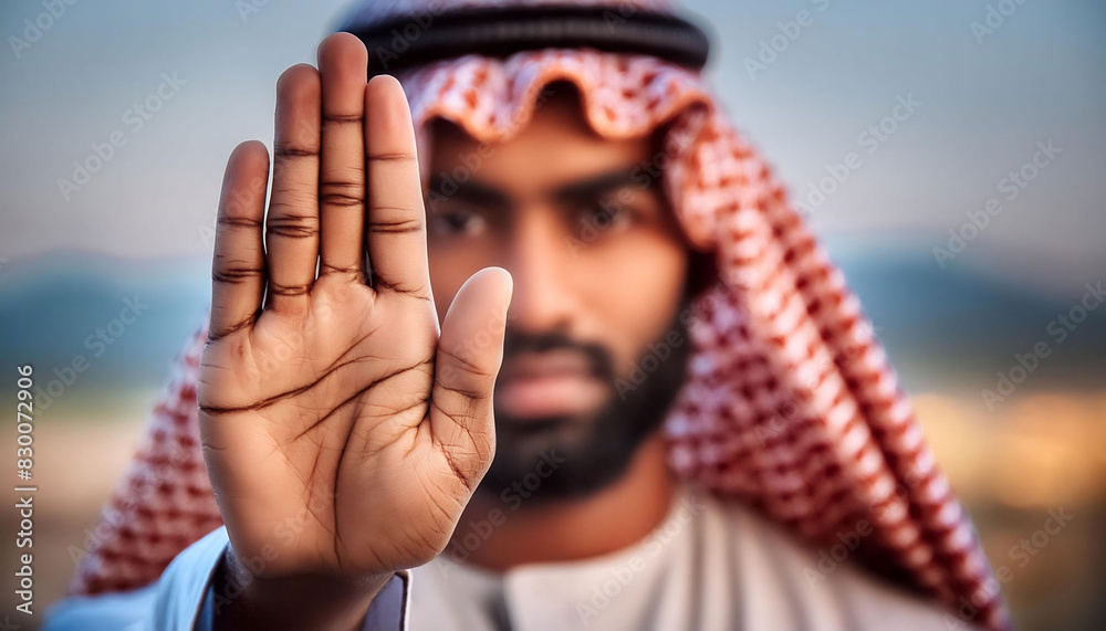 Arabian man's hand with fingers spread out close to the camera, open ...