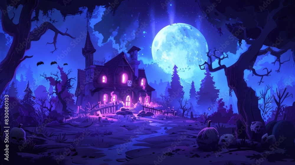 Spooky scene features a haunted house, its crooked roof silhouetted ...