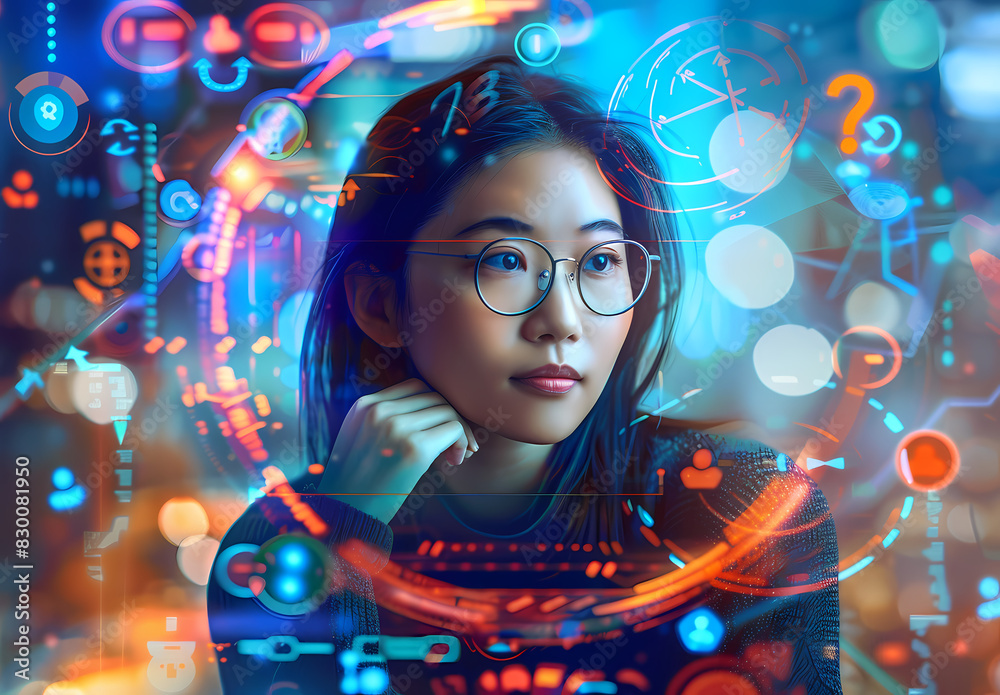 Asian Woman with Glasses Amidst Holographic Symbols & Futuristic Tech ...