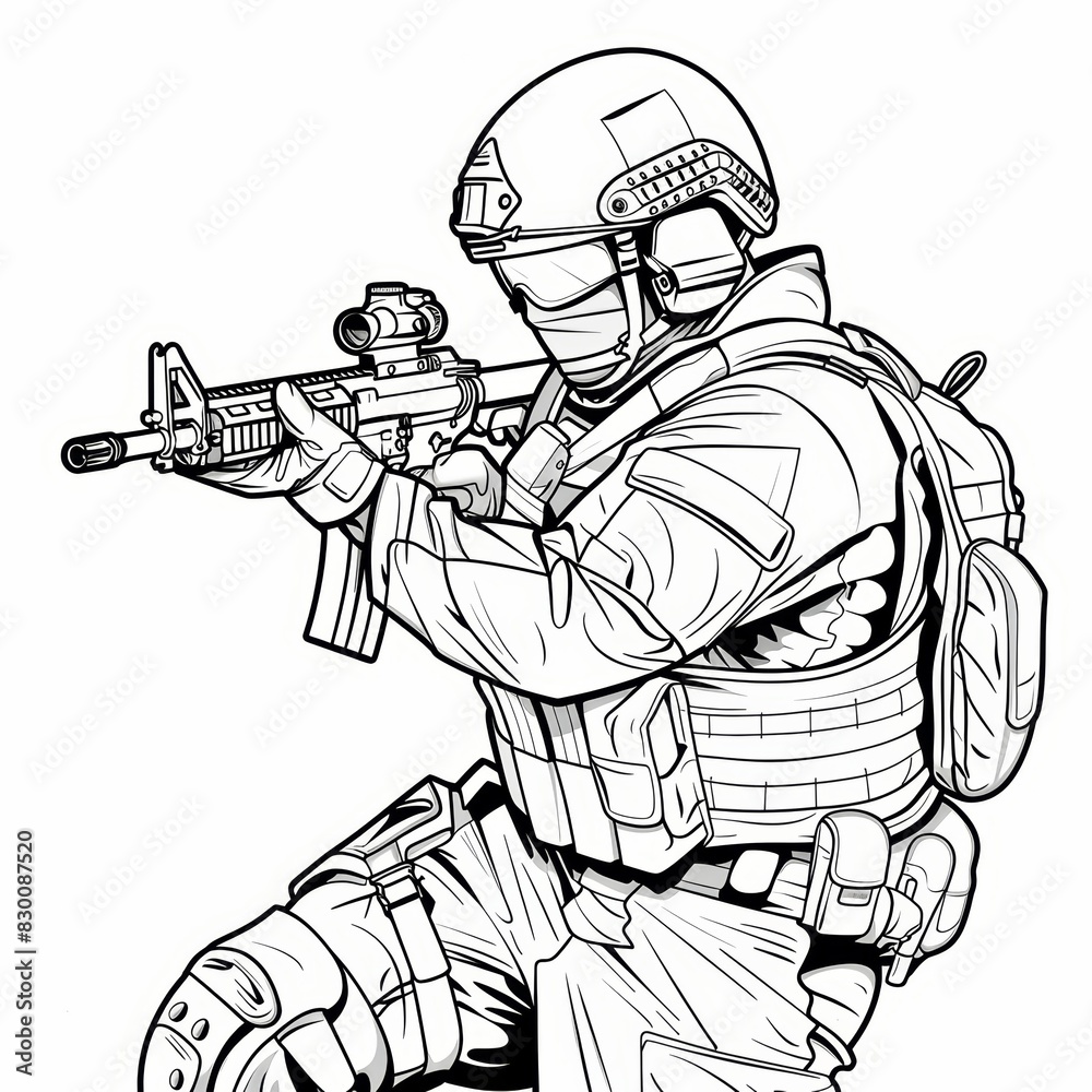 Coloring book page for kids of a tactical soldier in full gear aiming ...