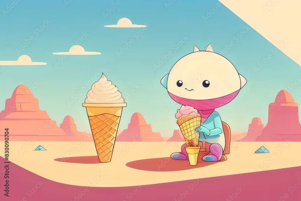 cartoon illustration of a cute alien eating an ice cream cone, ufo ...