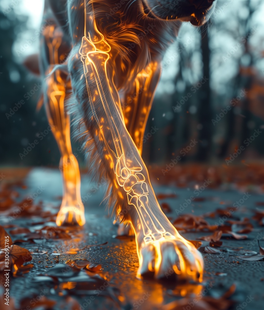 X-ray of walking dog's paw. Roentgen scan of domestic animal forelimb ...