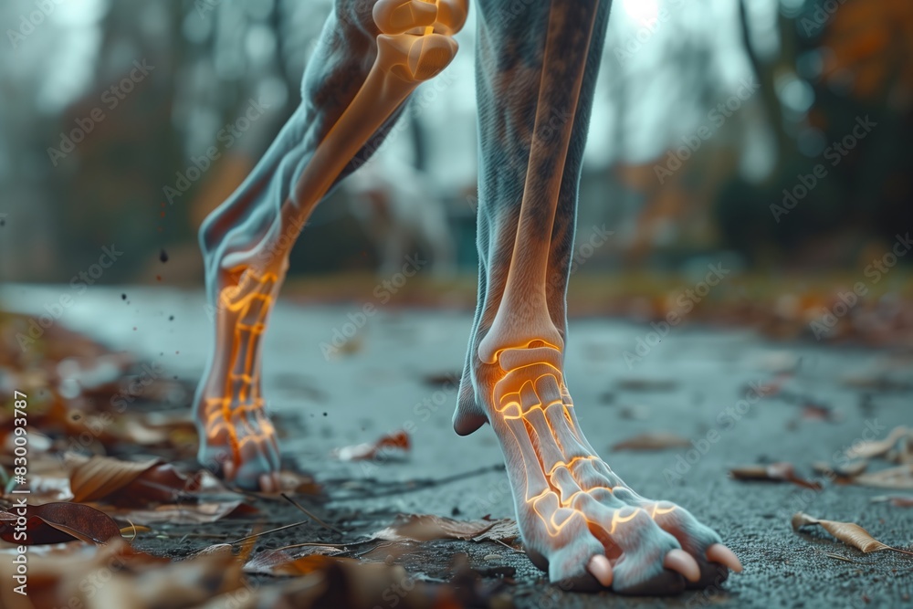 X-ray of walking dog's paw. Roentgen scan of domestic animal forelimb ...