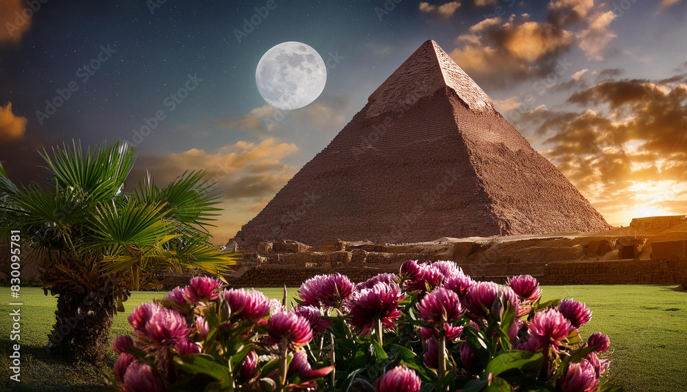 Garden of the great pyramids with the amazing pyramid behind and moon ...