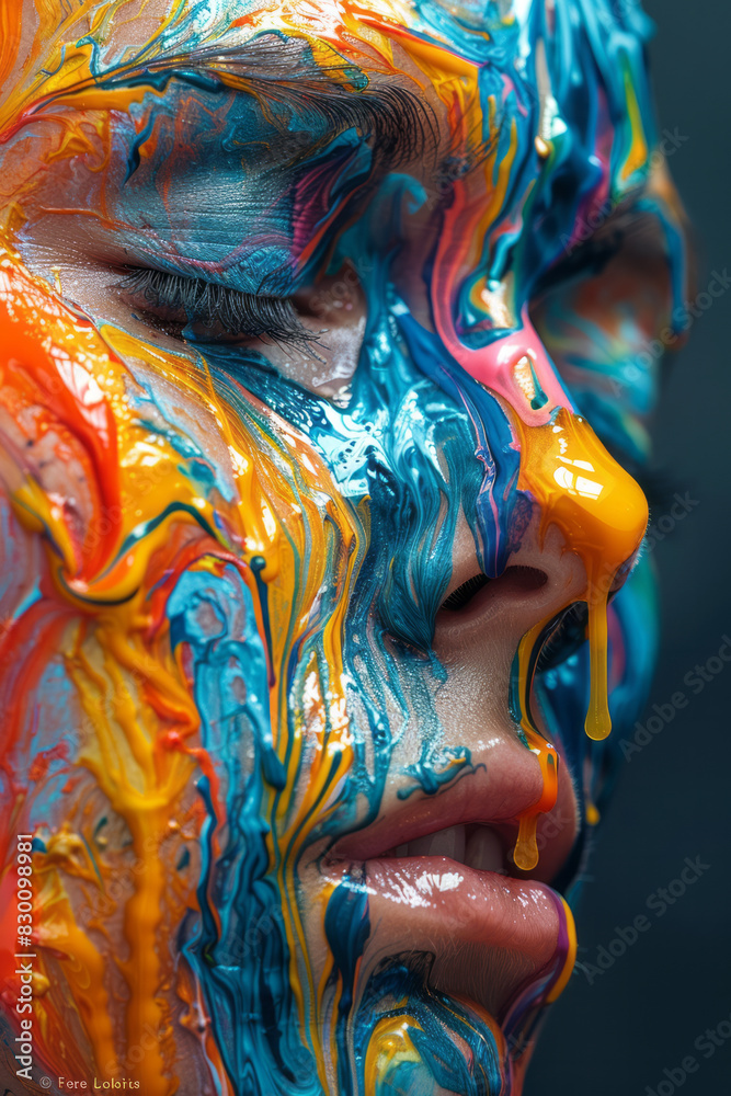Image of a human face partially melting, with features dripping down ...