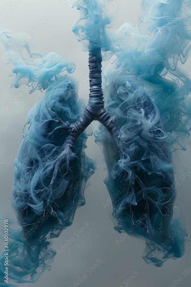 Artistic depiction of lungs with blurred outlines and swirling gray and ...