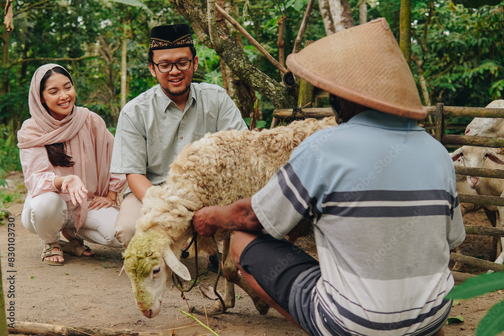 Smiling Asian Muslim couple discussing with cattleman to buy livestock ...