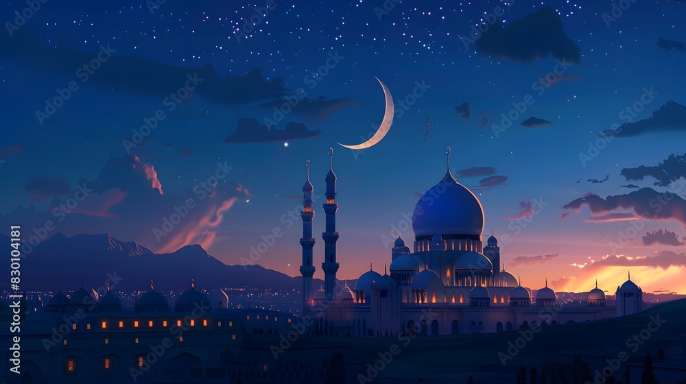 Mosques dome on dark blue twilight sky and crescent moon on background ...