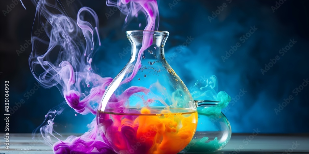 Colorful chemistry experiment with smoke in test tube and glass bottle ...