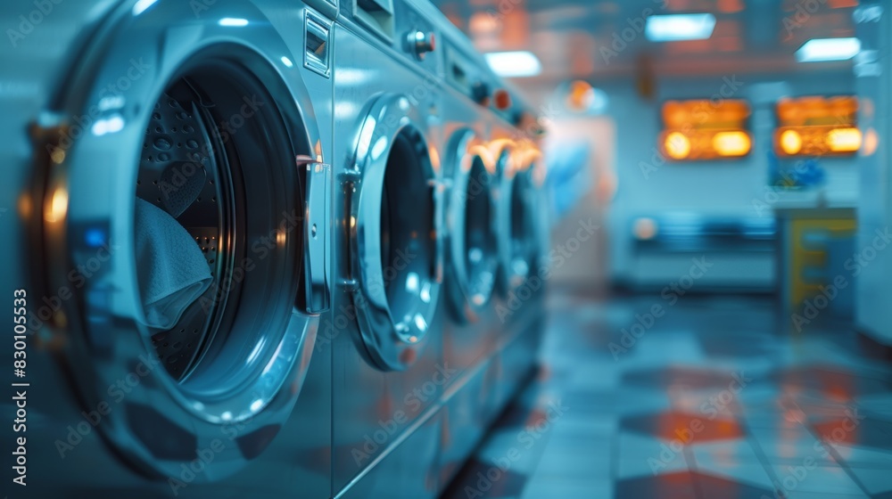 Modern laundry shop interior with rows of washing machines, clean and ...