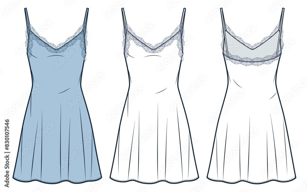 Slip Dress technical fashion illustration. Mini Dress with Lace trim ...