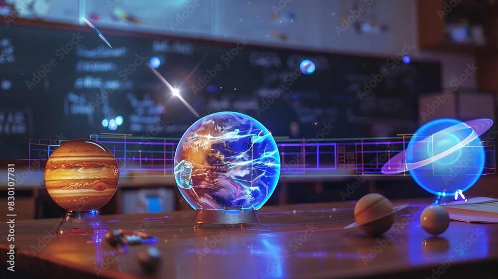 Holographic images of planets in a classroom setting during an ...