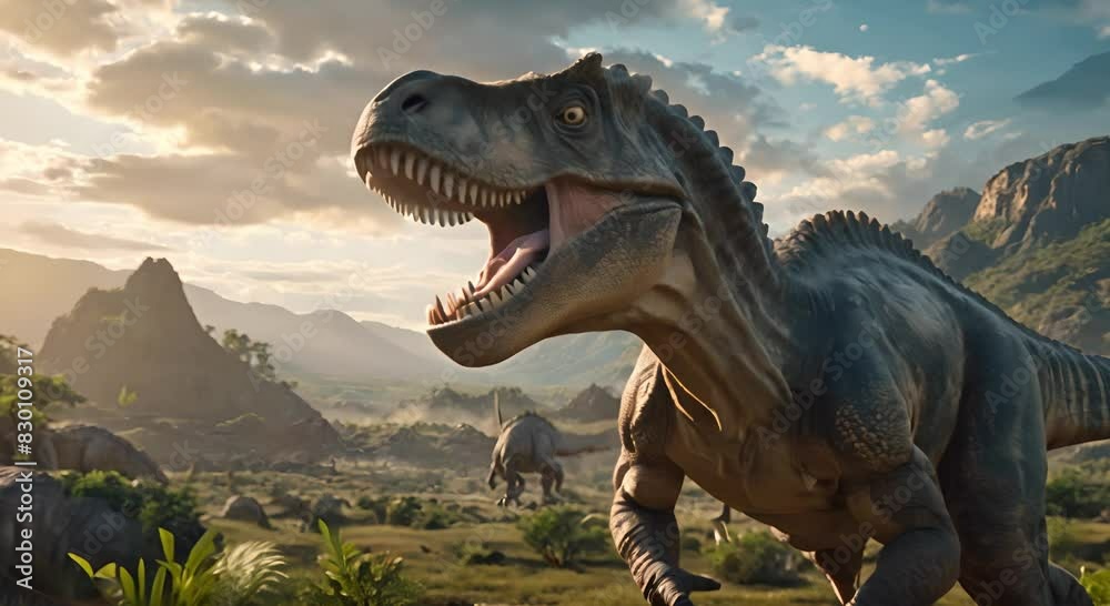 A close-up shot of a massive Tyrannosaurus Rex roaring with its mouth ...